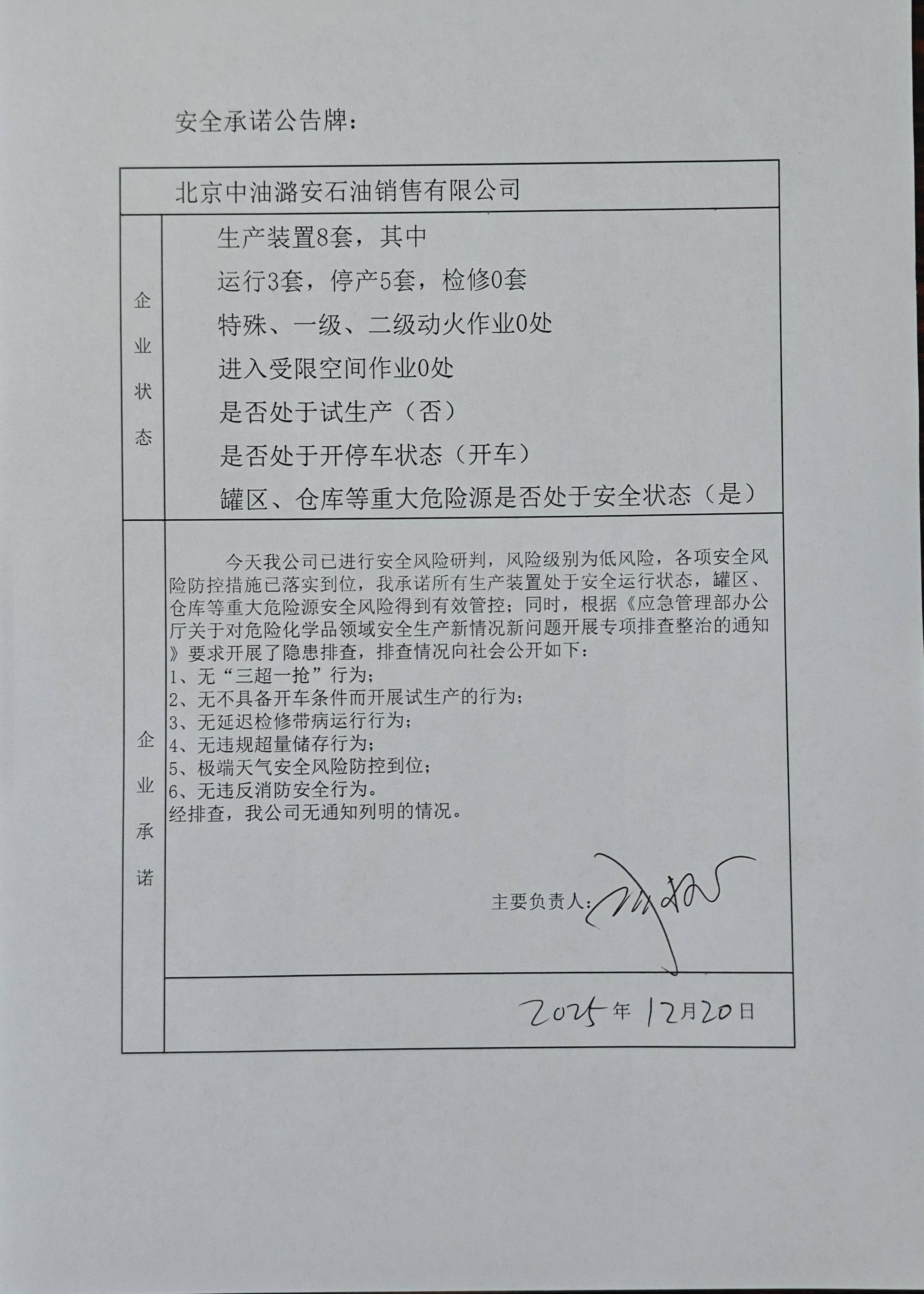 北京中油潞安石油销售有限公司安全承诺公告牌1220-北京市丰台区人民政府网站